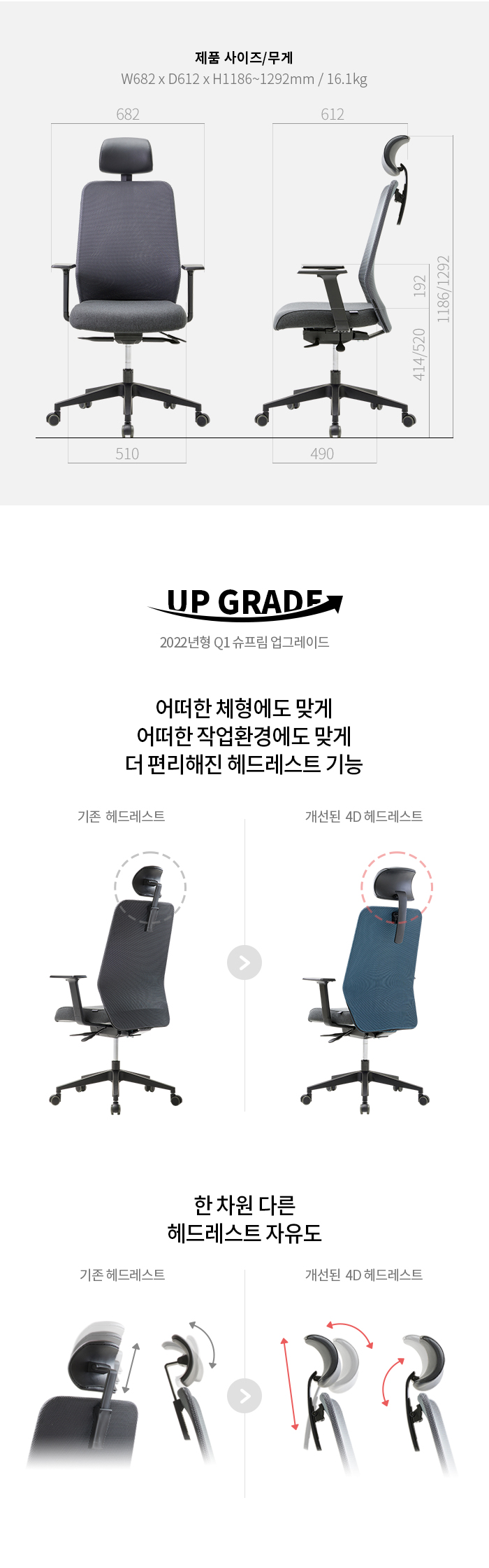 듀오백 Q1슈프림 Q1SP-HDA-C 메쉬 학생 게이밍 의자 : 컴퓨존